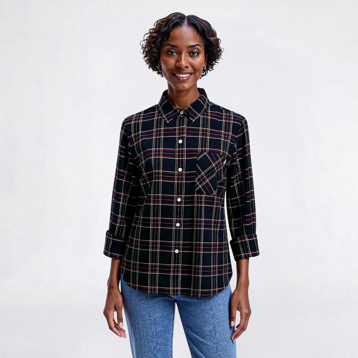 Nautica Jeans Womens Providence Plaid Cotton Roll-Tab-Sleeve Shirt - Night Sky Multi